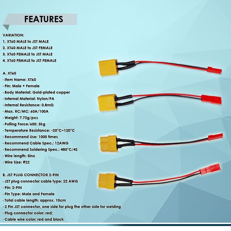 XT60 MALE/ FEMALE to JST CONNECTOR 2-PIN MALE/ FEMALE, BEST FOR CHARING ...