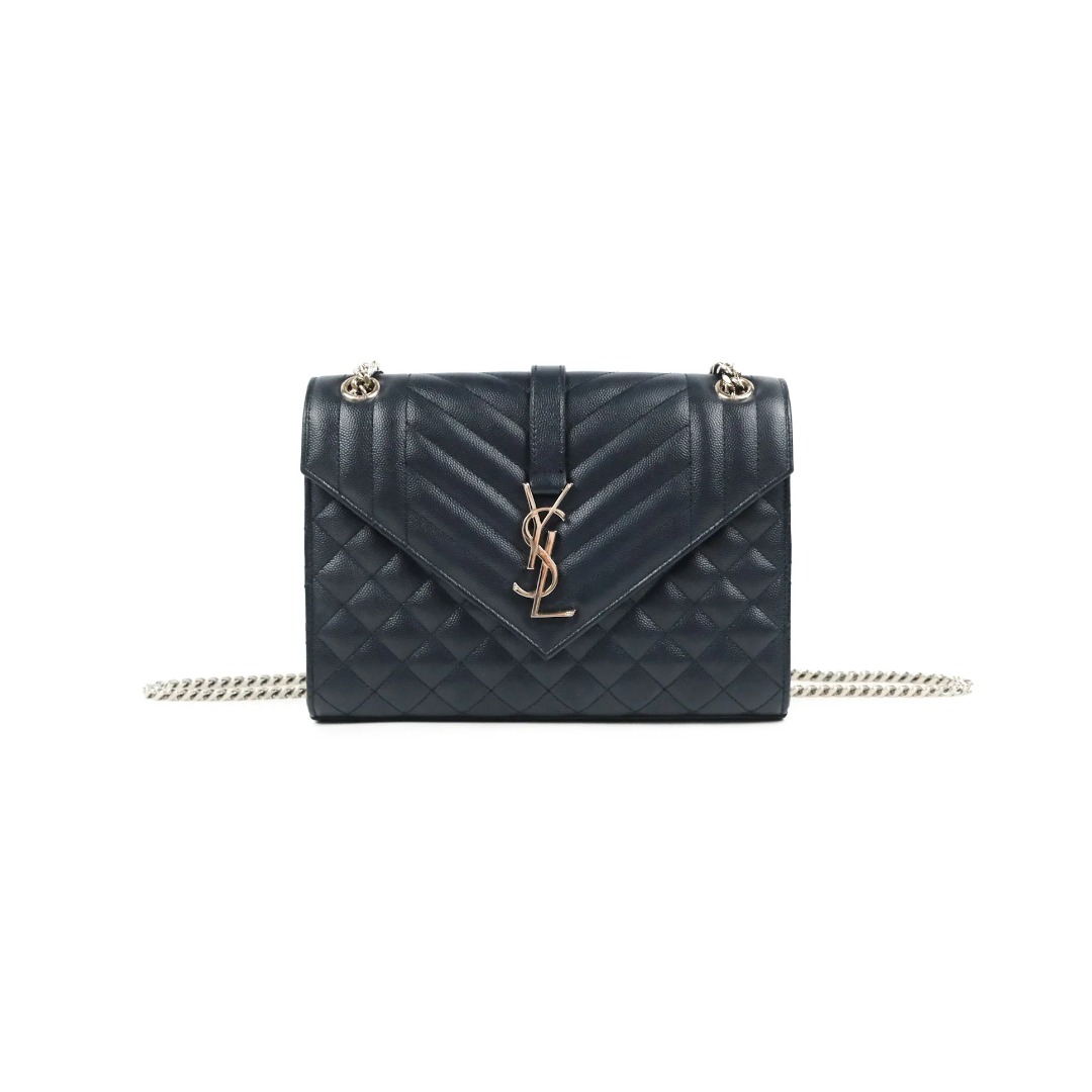 YSL Medium Envelop in Navy Blue Caviar Leather Silver Hardware, Luxury ...