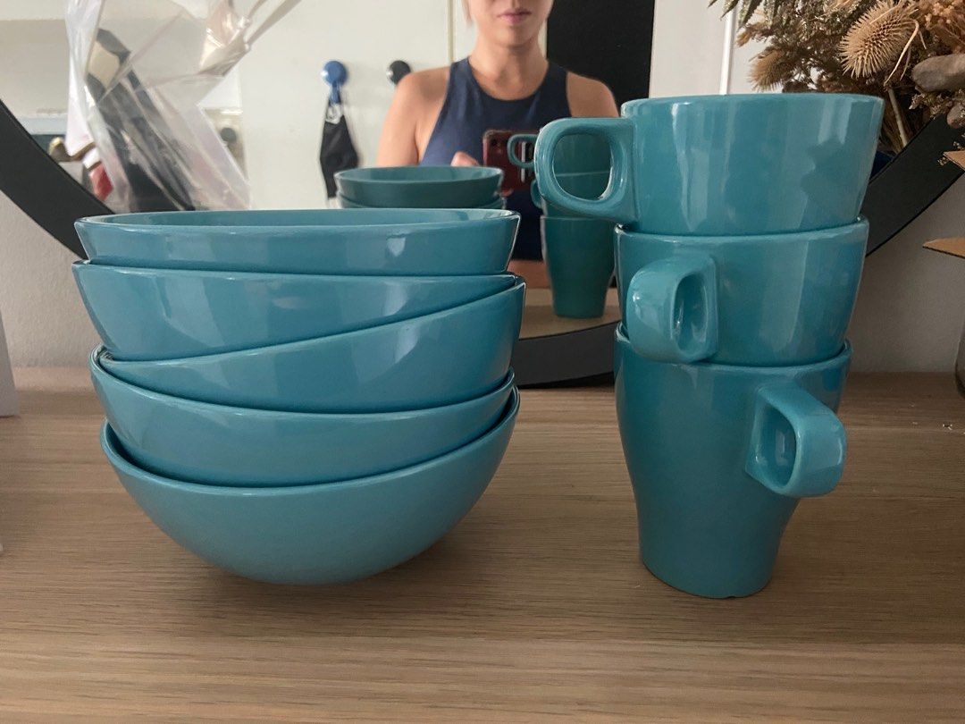 5x IKEA bowls and 3x IKEA cups in turquoise, Furniture & Home Living ...