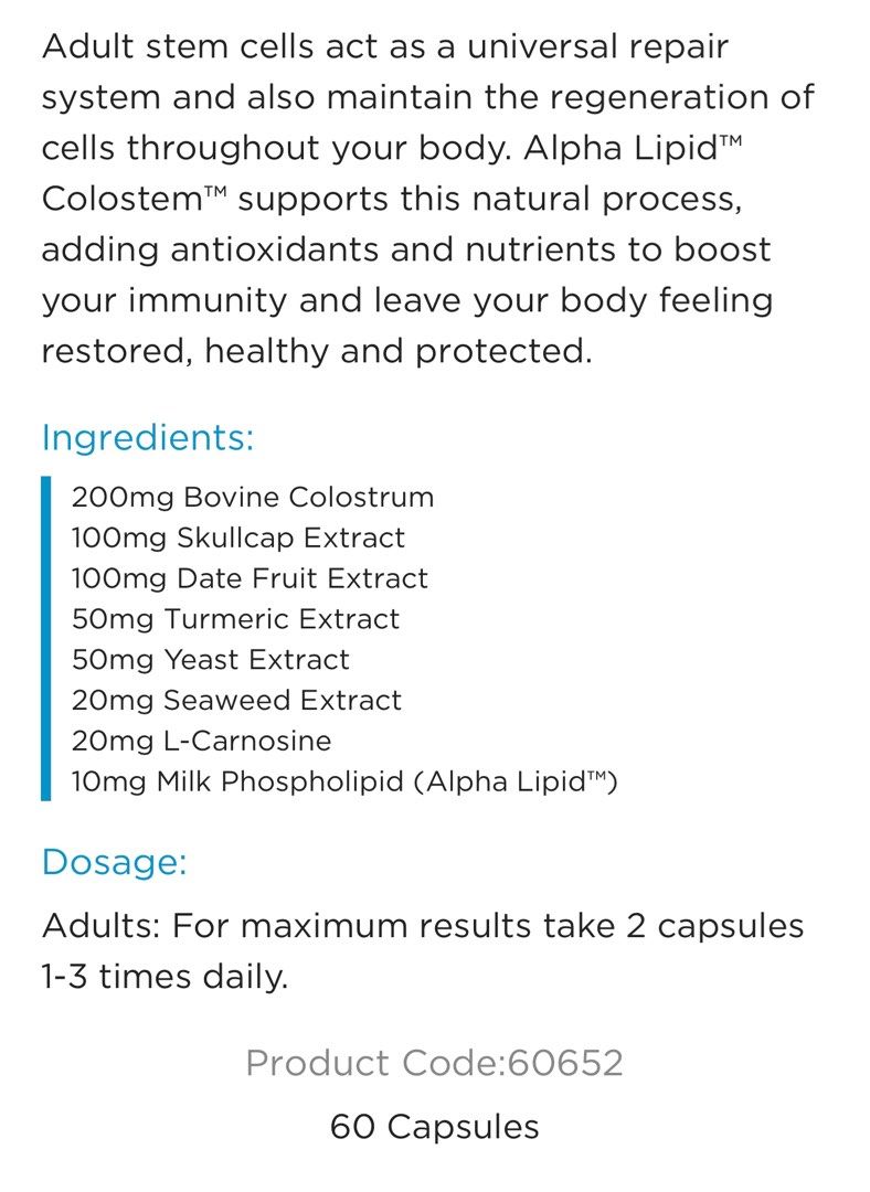 Alpha Lipid Colostem, Health & Nutrition, Health Supplements, Vitamins ...