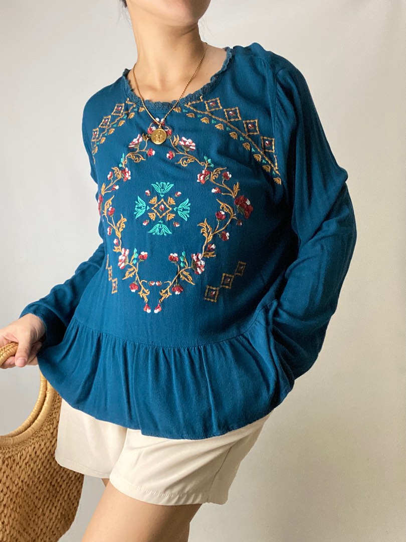 Aqua teal blue soft flowy embroidered top, Women's Fashion, Tops ...
