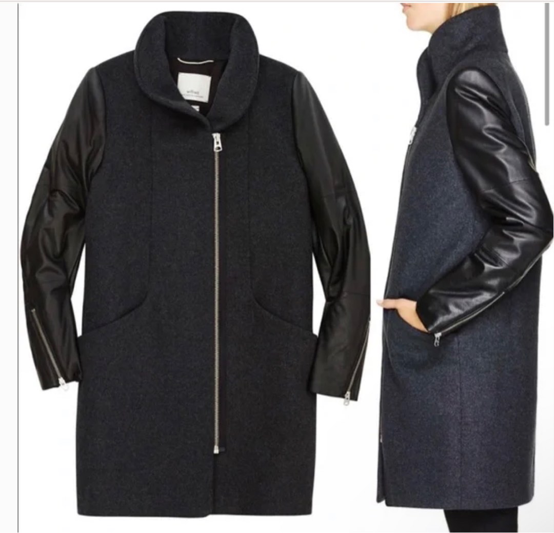 Aritzia Wilfred wool cocoon coat with leather sleeves, Women's Fashion ...