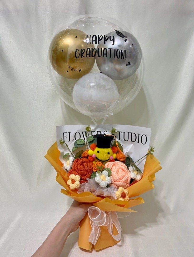 Crochet & Artificial Graduation Bouquet Crochet Flower Balloon Birthday ...