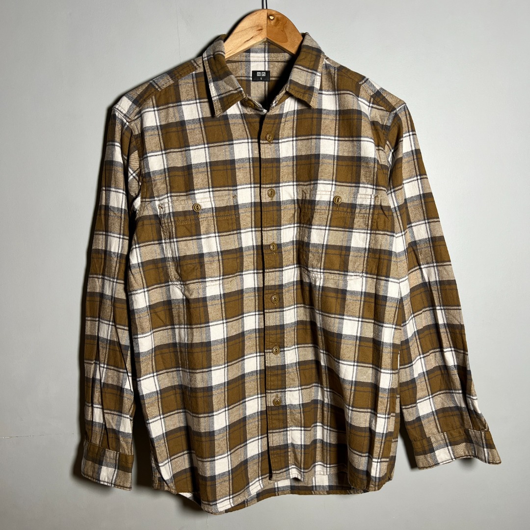 M15 Uniqlo Flannel Plaid Long-Sleeve Shirt Brown for Men, Men's Fashion ...