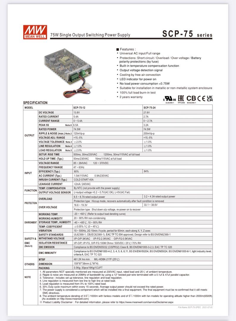 Mean Well SCP Series (SCP-75) SCP-75-12 Power Supply - 74.5W 13.8V 5.4A ...