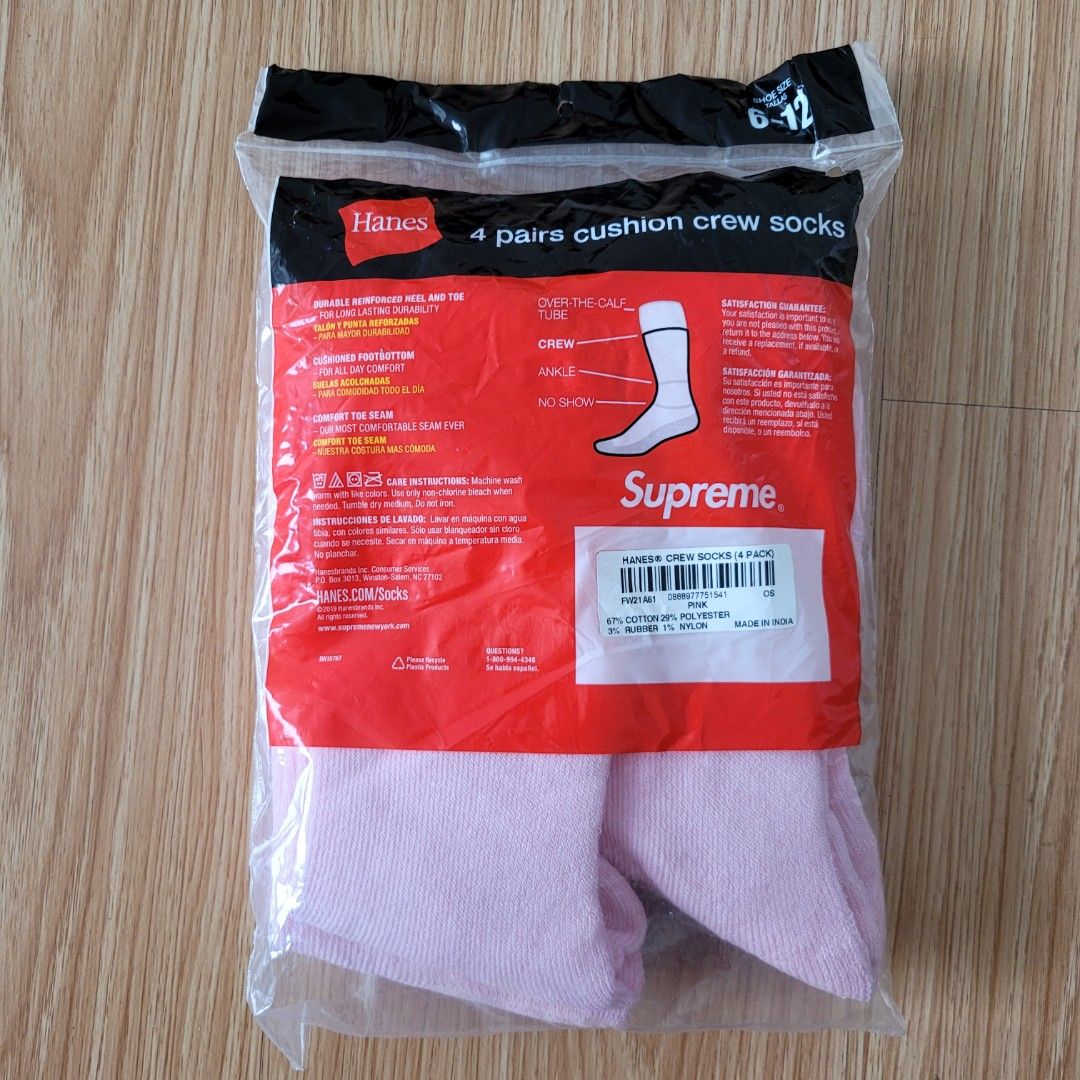 ORIGINAL SUPREME X HANES 4 Pairs Pink Cushion Crew Socks, Men's Fashion ...