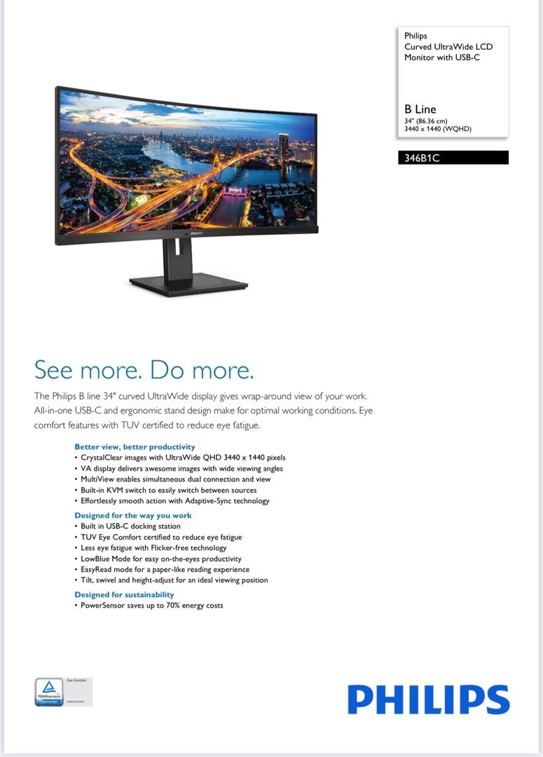 Philips 346B1C UltraWide 34" Curved Monitor, UltraWide QHD 2K, USB-C ...