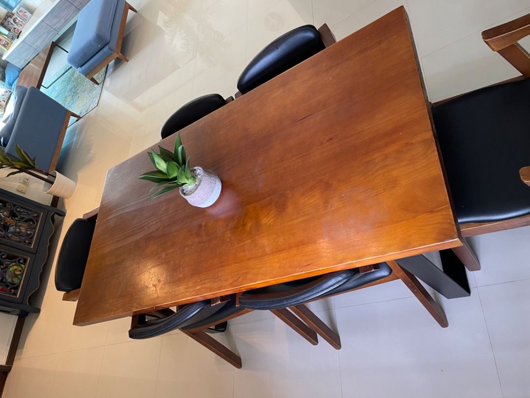 Pre- loved wooden dining table with 6 chairs!, Furniture & Home Living ...