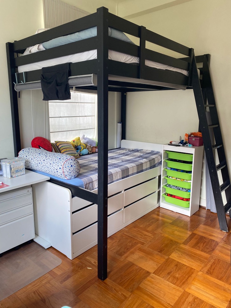 Stora Ikea high bed frame in black plus latex mattress, 傢俬＆家居, 傢俬, 床架及床 ...