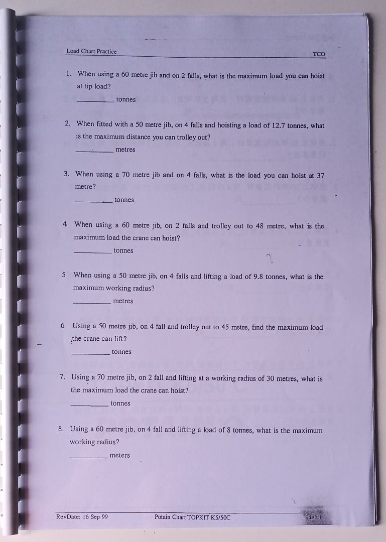 Tower Crane (Saddle Jib) Load Chart Test Questions, Everything Else on ...