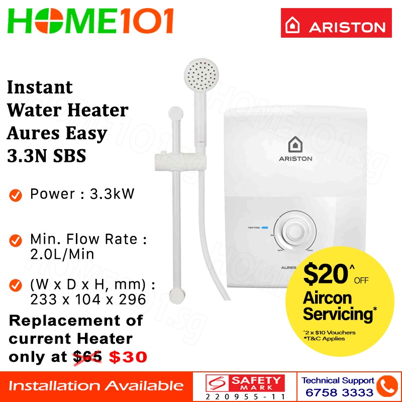 Ariston Instant Water Heater Aures Easy 3.3N SBS, TV & Home Appliances ...