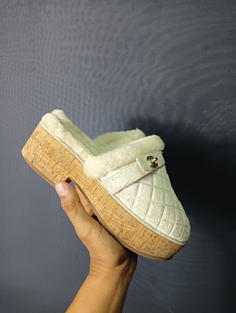 Chanel Suede Calfskin Shearling Turn Lock Clogs, Women's Fashion ...