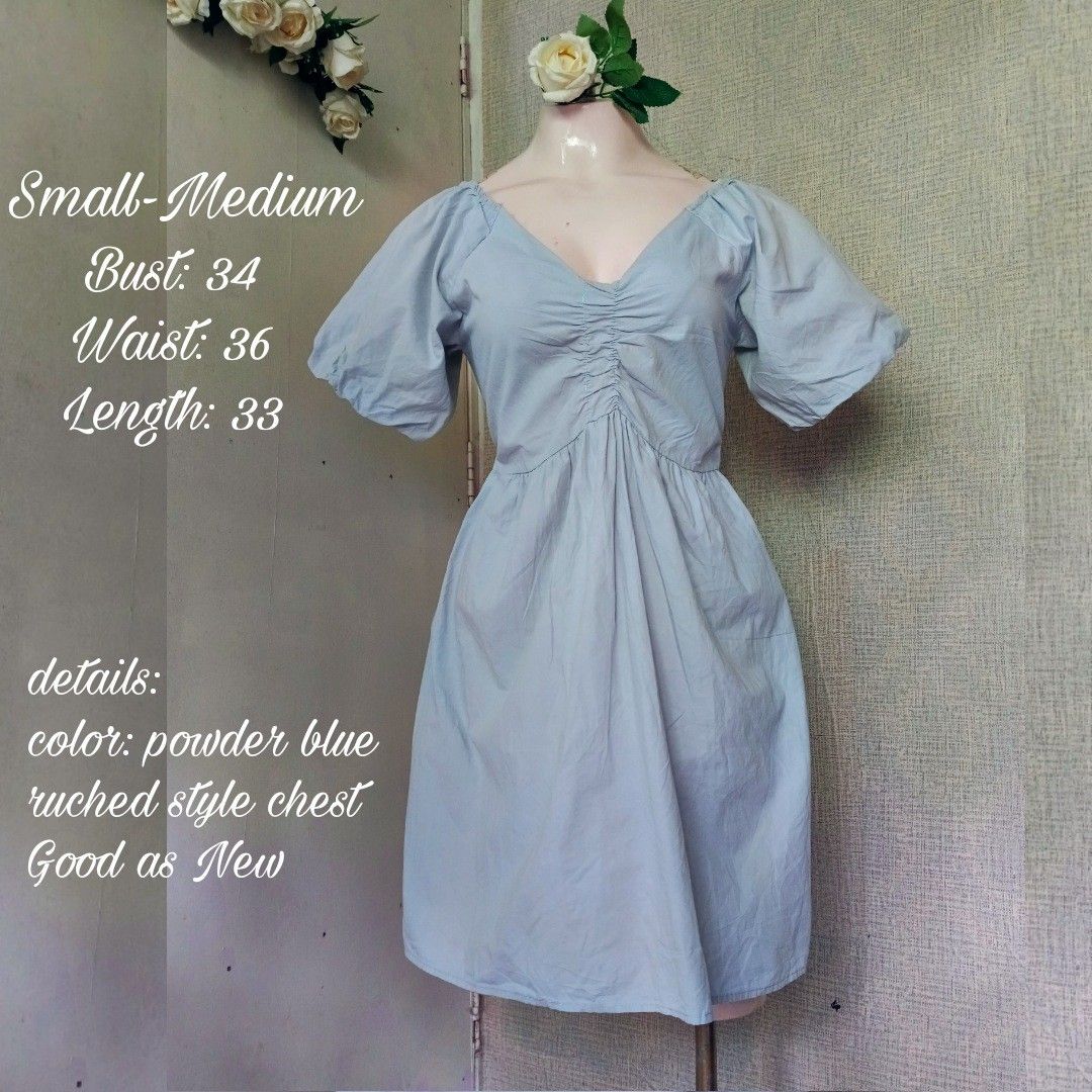 CUTE POWDER BLUE TRENDY PUFF DRESS RUCHED CHEST DRESS, Women's Fashion ...