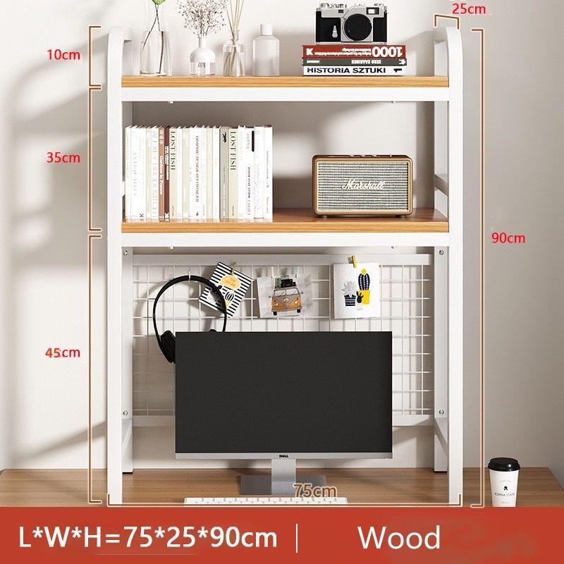 Desk shelf Wire Mesh Grid Double Layer Wooden Desktop Shelf Bookshelf ...