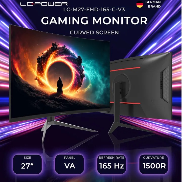 LC-Power 27inch Curved 165Hz Gaming Monitor, 1ms, sRGB 95%, Adobe RGB ...