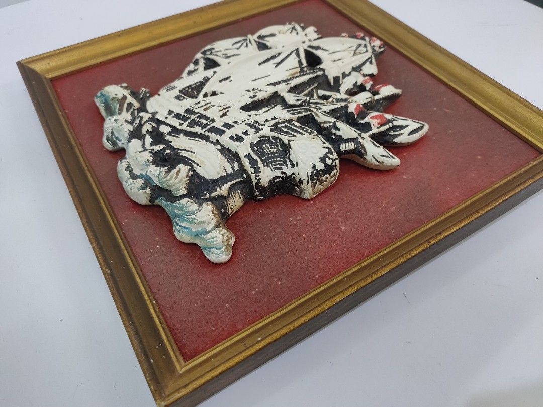 Mid- Century Vintage 3d Ceramic Pirate Ship Wall Decor in Wooden Frame ...