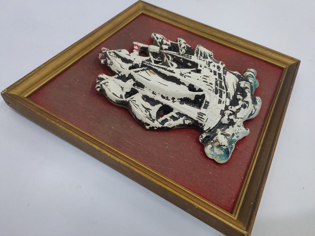 Mid- Century Vintage 3d Ceramic Pirate Ship Wall Decor in Wooden Frame ...