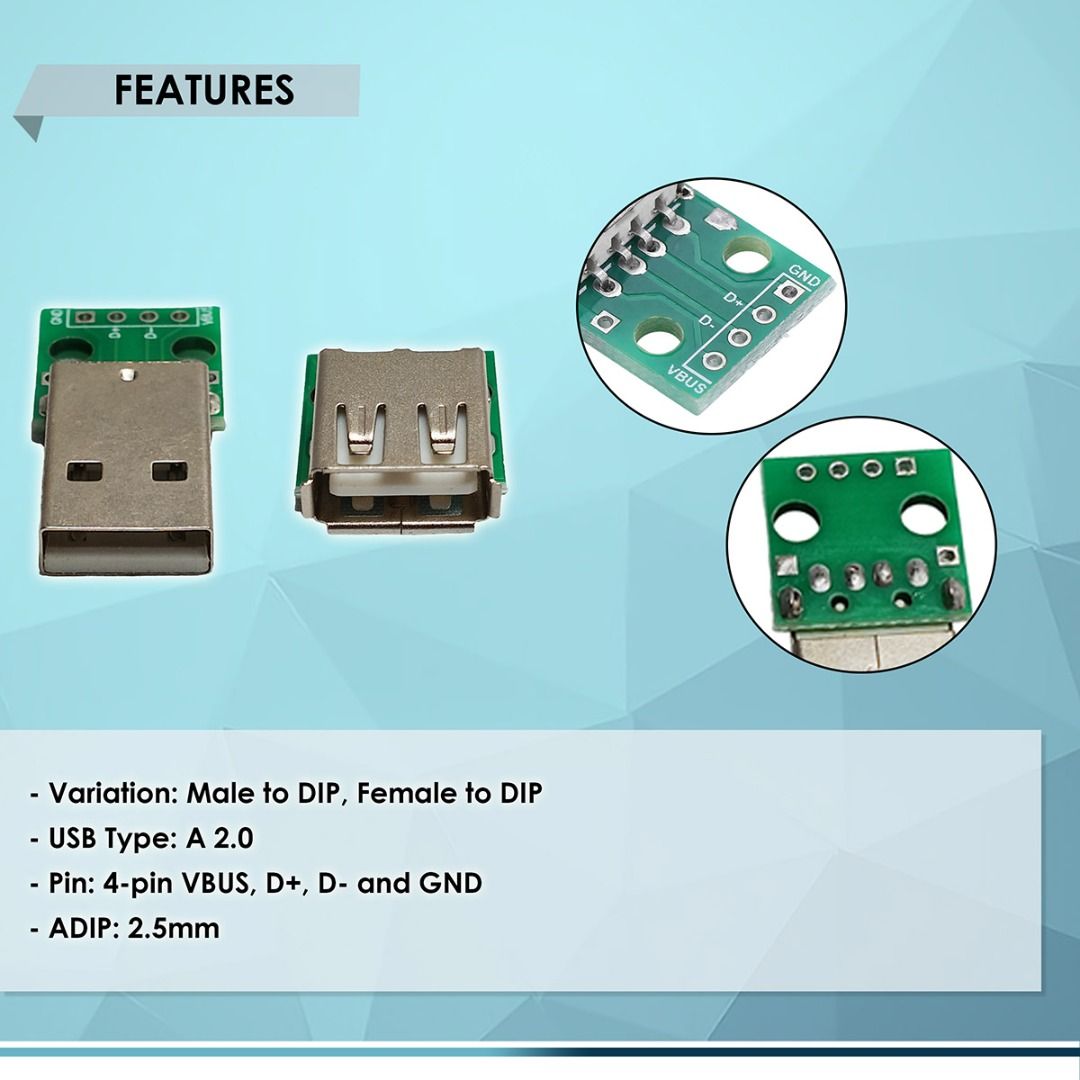 MINI USB TYPE A 2.0 MALE/FEMALE to 2.54mm DIP ADAPTER (1-PC per ORDER ...