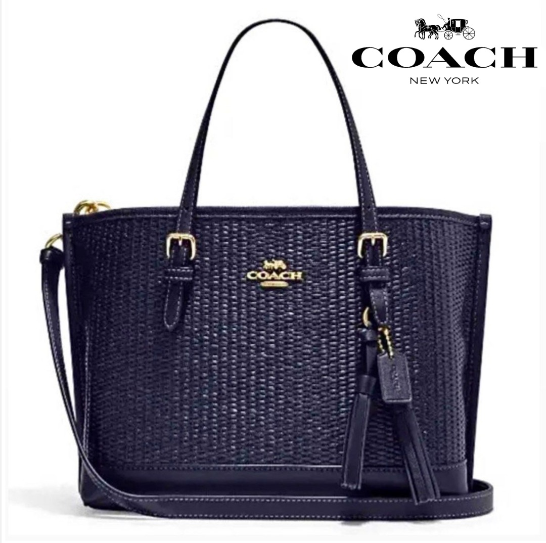 New Coach Original Navy Blue / Khaki White Mollie Tote 25 In Straw ...