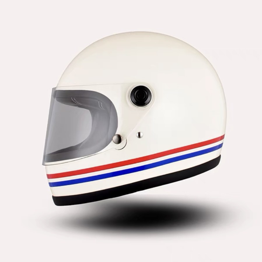 Cream White with Retro Stripes Built on Visor Lens Full Face Non Shine ...