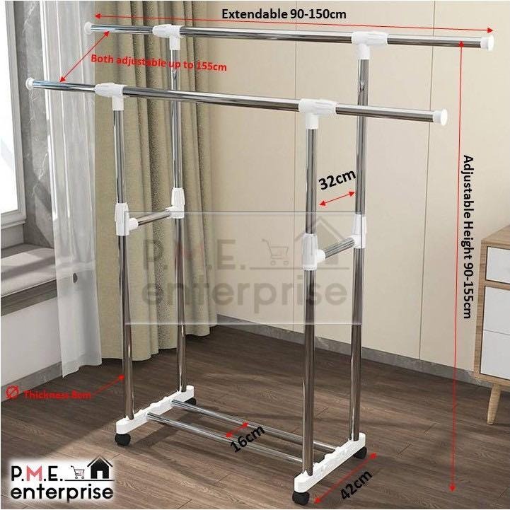 Portable Double Pole Clothes Hanger Rack (Adjustable Height ...