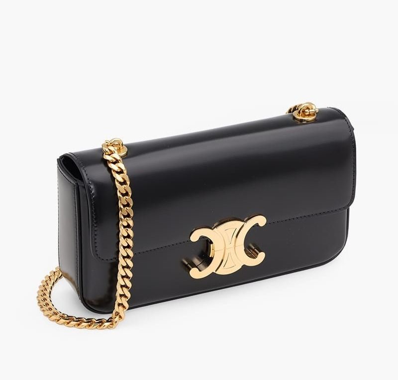 Ready CELINE Triomphe Chain Shoulder Bag in Black Smooth Calfskin GHW ...