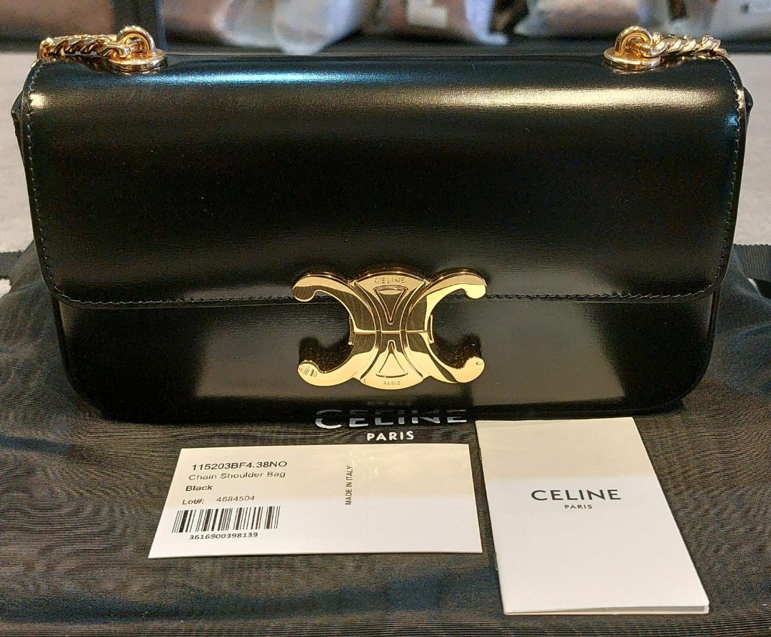 Ready CELINE Triomphe Chain Shoulder Bag in Black Smooth Calfskin GHW ...