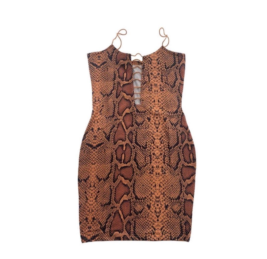 Snake pattern dress sleeveless plunging v-neck bodycon string cleavage ...