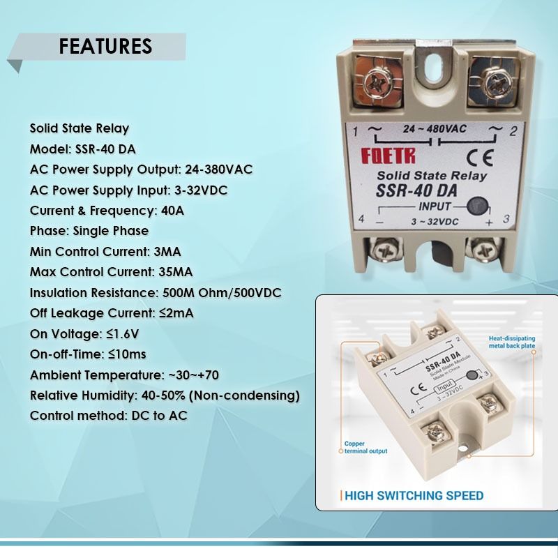 SOLID STATE RELAY SSR-40DA DC to AC, INPUT 3-32VDC OUTPUT 24-380VAC 40A SINGLE PHASE, CAR WASH ...