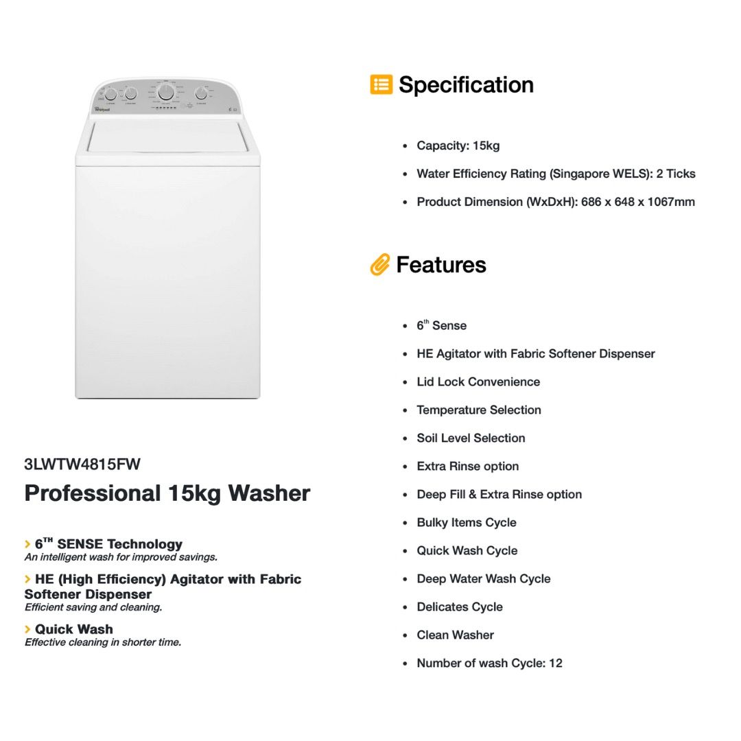 WHIRLPOOL 9KG / 9.5KG / 10.5KG / 15KG TOP LOAD WASHING MACHINE ...
