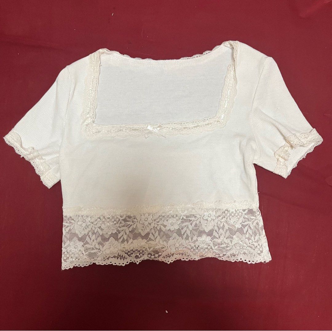 y2k acubi white lace crop top!, Women's Fashion, Tops, Shirts on Carousell