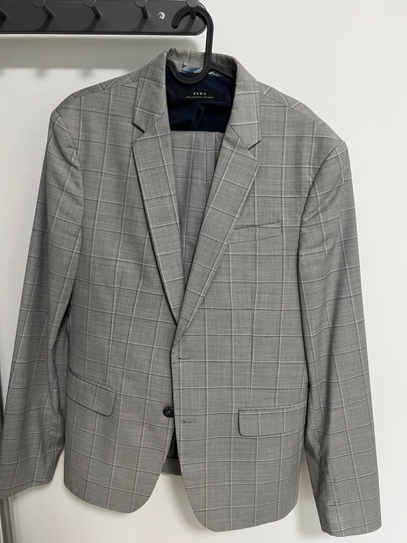 Zara Checkered Grey Suit with Pants set, Men's Fashion, Coats, Jackets ...