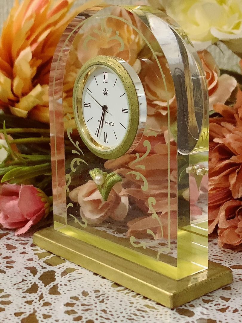 A Beautiful Vintage MIKIMOTO Solid Glass Desk Clock With Gold Accent ...