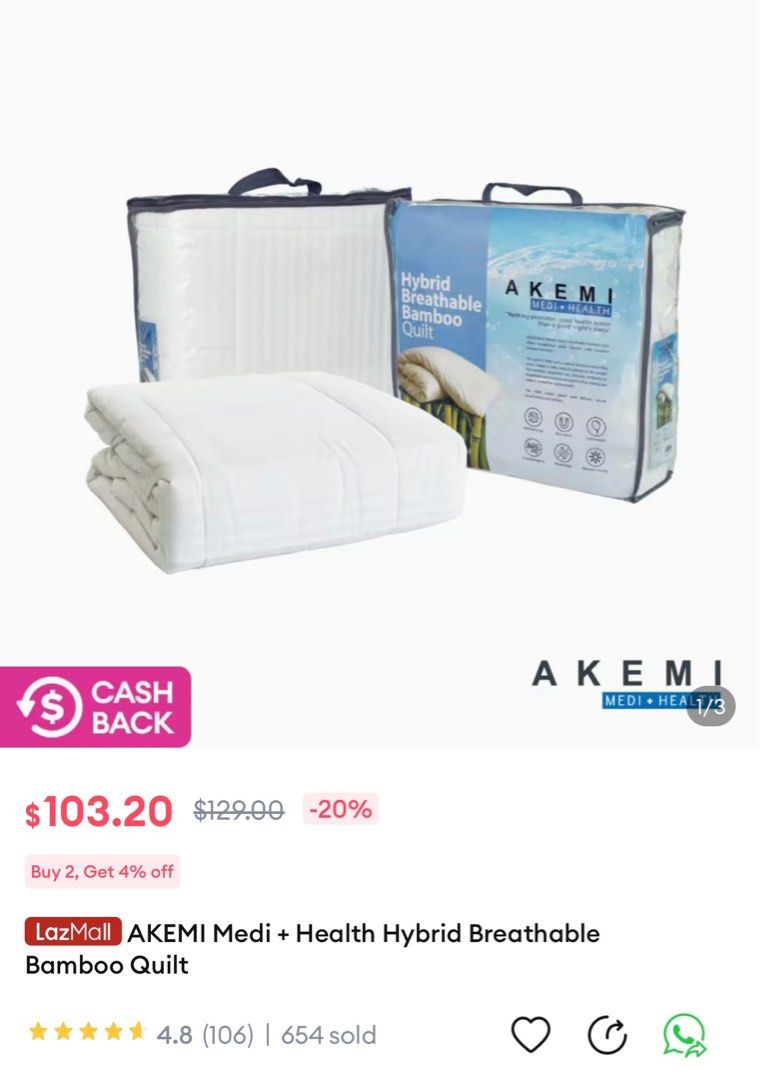 AKEMI Medi + Health Hybrid Breathable Bamboo Quilt, Furniture & Home ...
