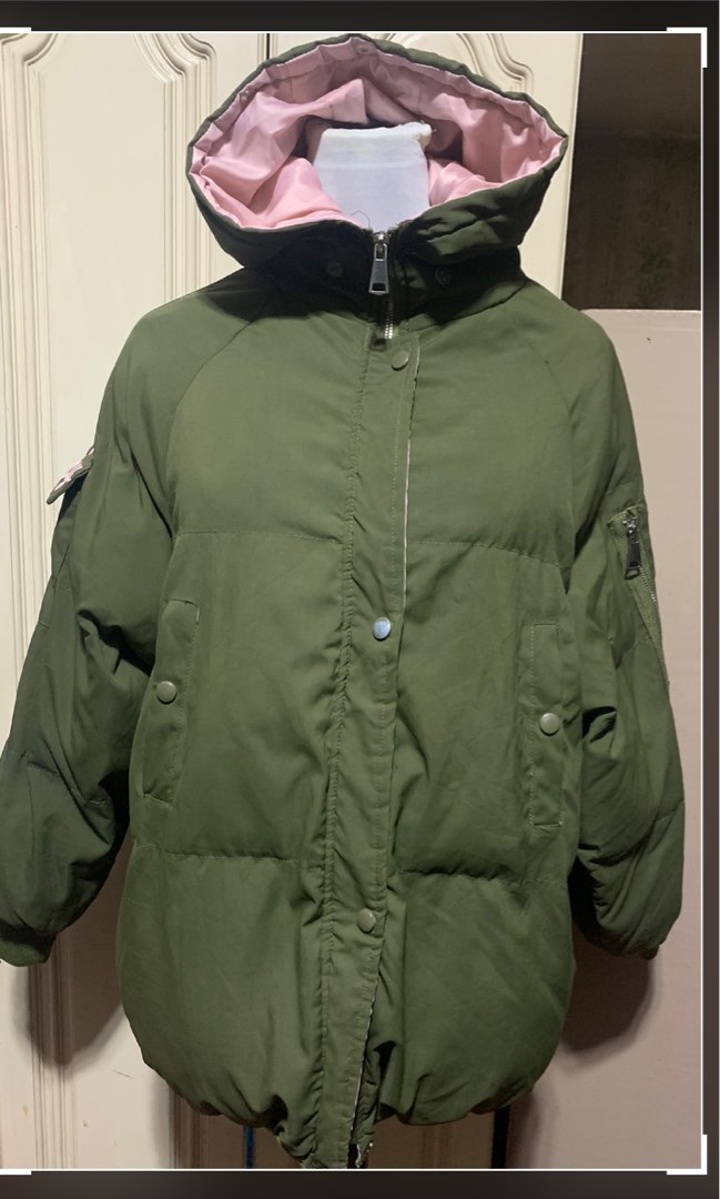 Army Green with Pink Bubble Jacket with Hood, Women's Fashion, Coats ...