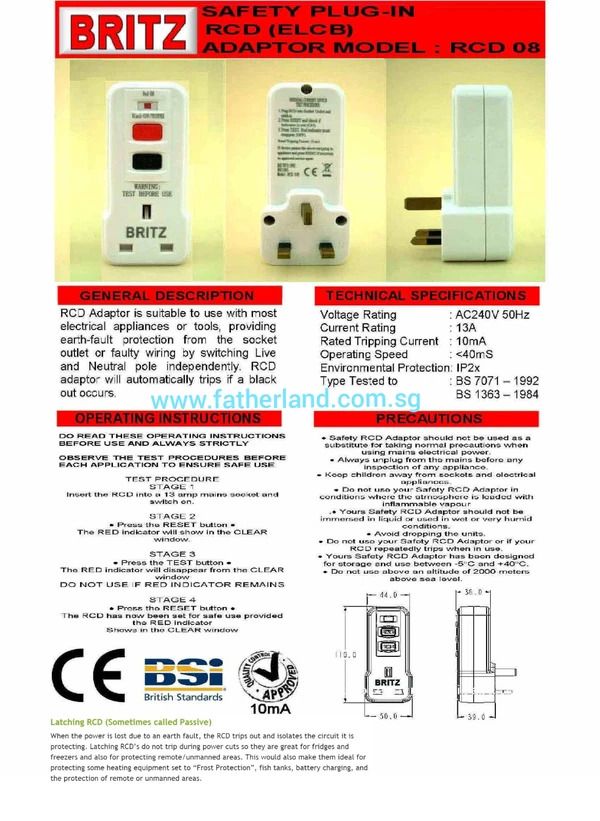 Britz Safety Plug In Rcd ( Elcb ) Adaptor 10Ma Model Rcd 08 ( White ...