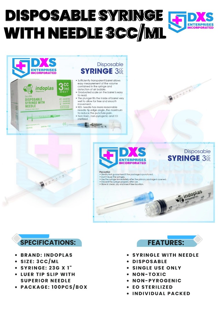 INDOPLAS SYRINGE WITH NEEDLE 3CC, Health & Nutrition, Medical Supplies ...