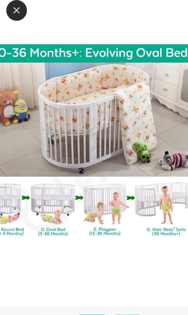 Round wooden 9 in 1 convertible Baby cot, Babies & Kids, Baby Nursery ...