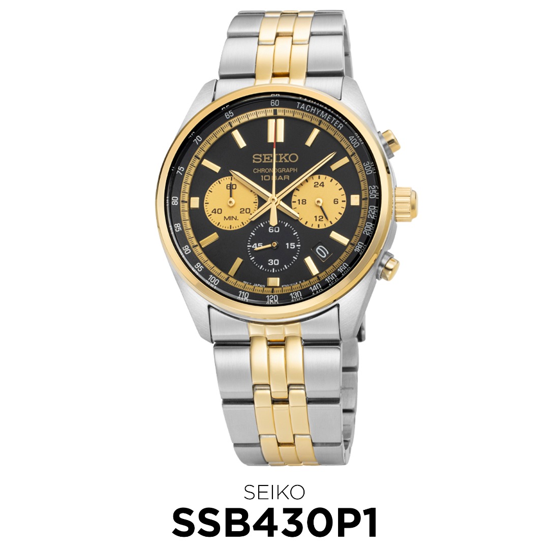 Seiko SSB430 SSB430P1 Black Silver Gold Tone Chronograph Quartz Watch ...