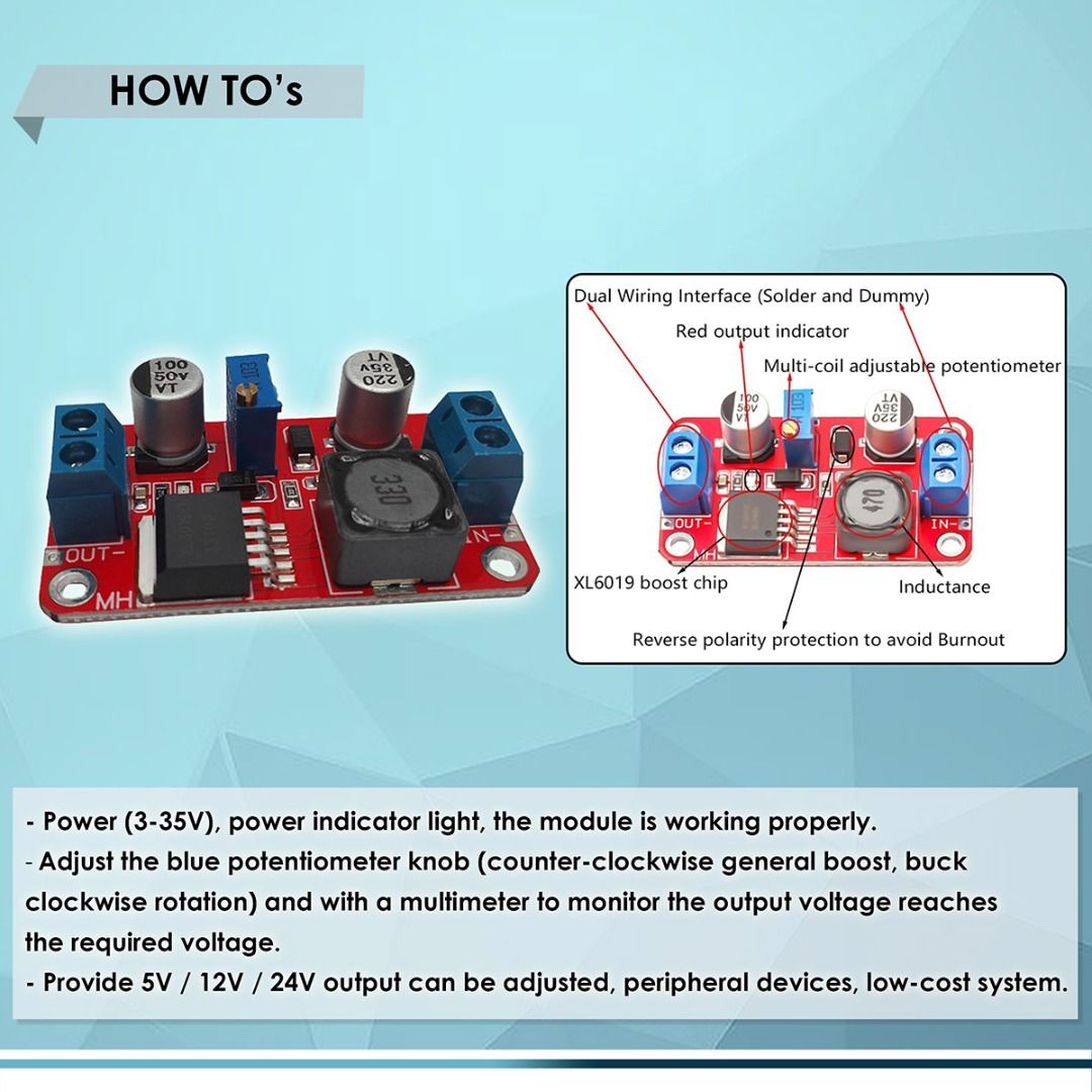 ADJUSTABLE BOOST POWER SUPPLY MODULE 5A XL6019, STEP-UP 5V 6V 12V 24V 3 ...