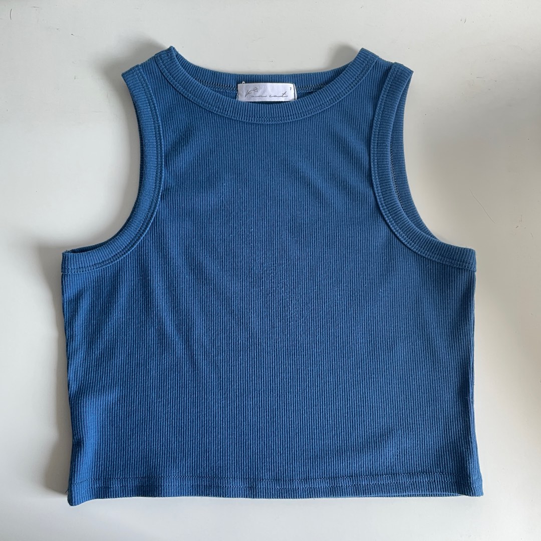 blue ribbed tank top, Women's Fashion, Tops, Sleeveless on Carousell