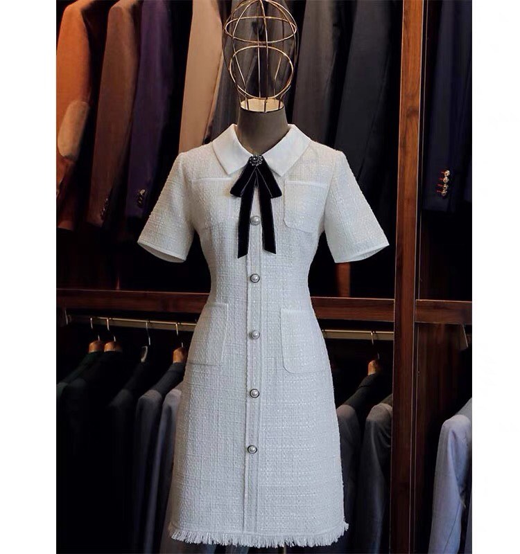 Elegant White Collared Tweed Dress, Women's Fashion, Dresses & Sets ...