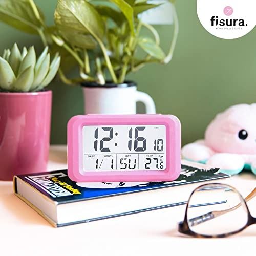 Fisura - Pink LED digital alarm clock. Battery alarm clock with date ...