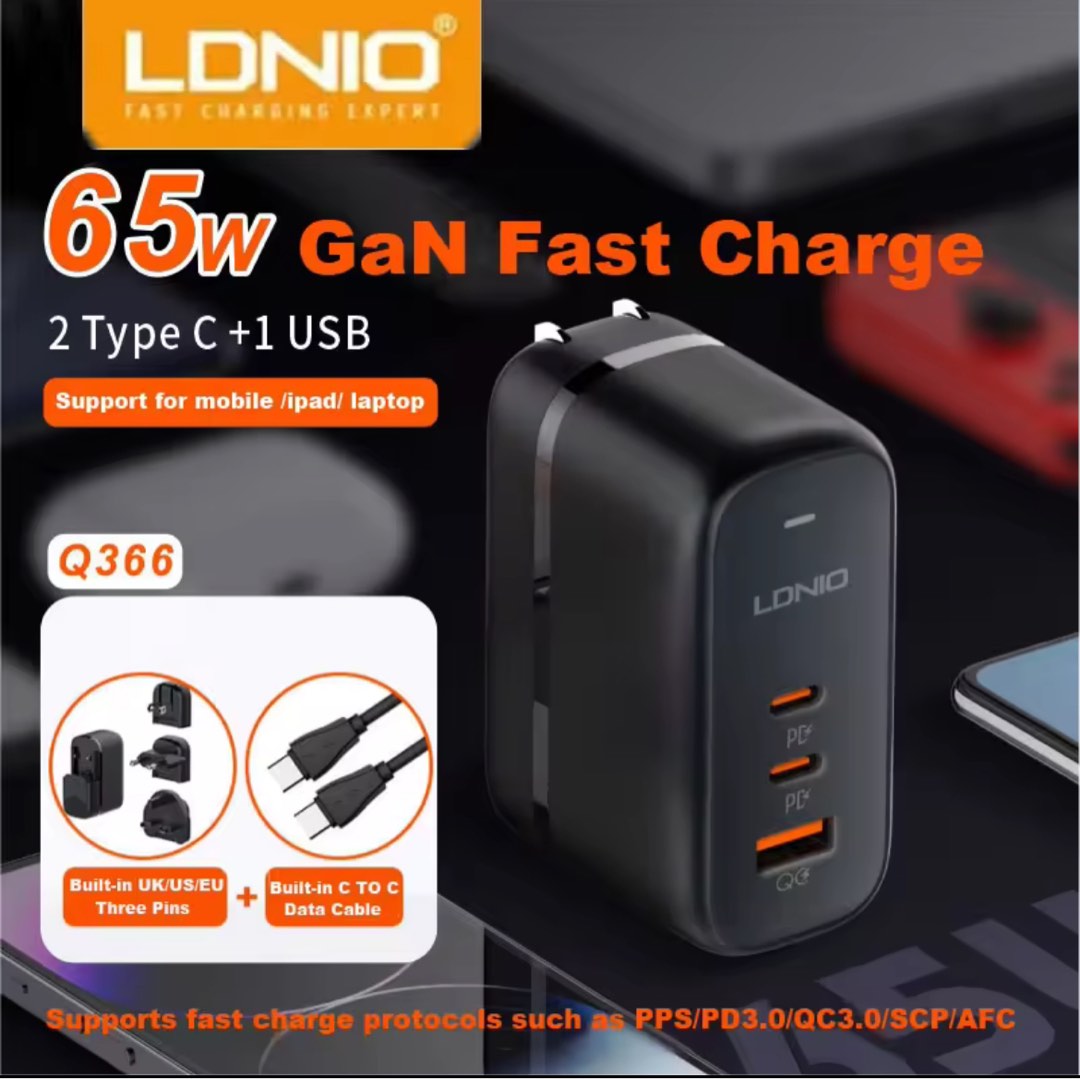 LDNIO Q366 65W GaN Fast Charger 2 USB type-C and 1 type-A port came with US EU UK Plug, Mobile ...