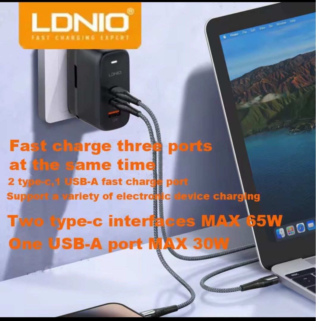 LDNIO Q366 65W GaN Fast Charger 2 USB type-C and 1 type-A port came ...