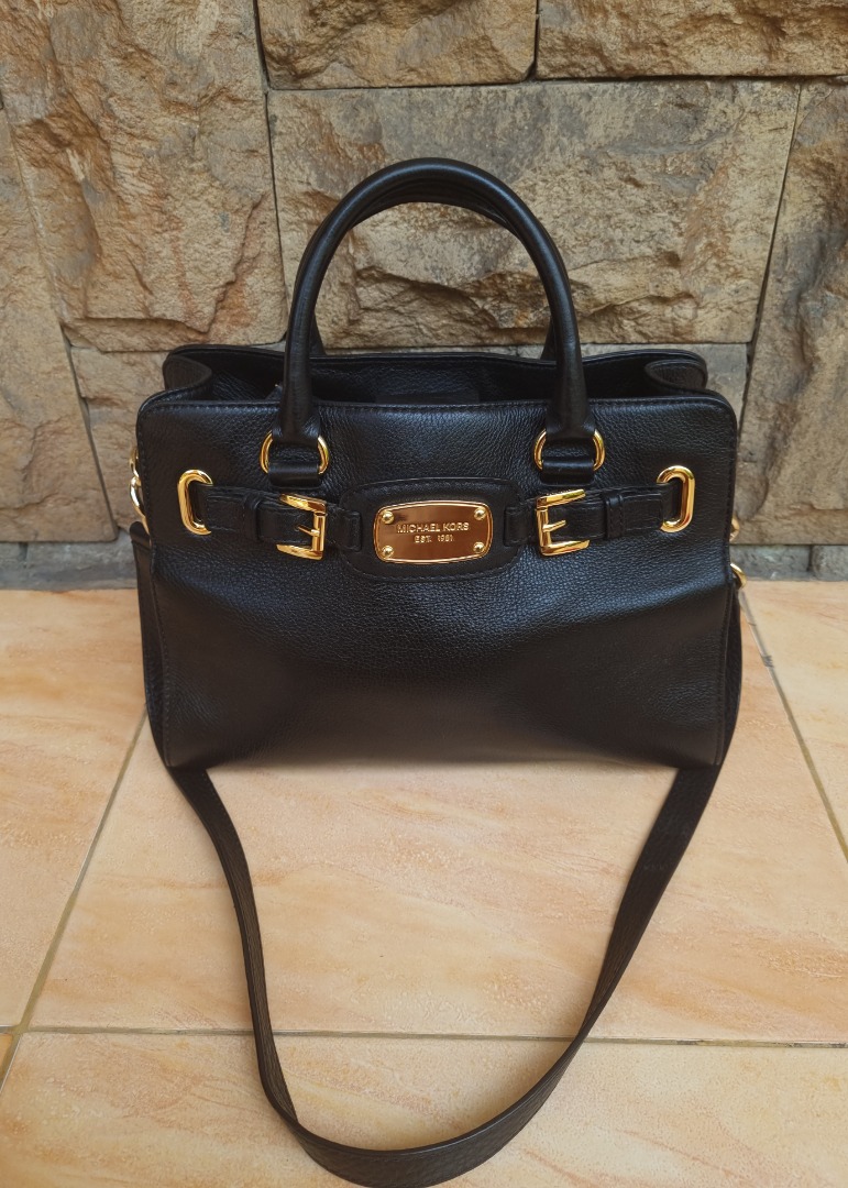 Michael Kors Hamilton Black Leather 35F5GHMT2L, Fesyen Wanita, Tas ...
