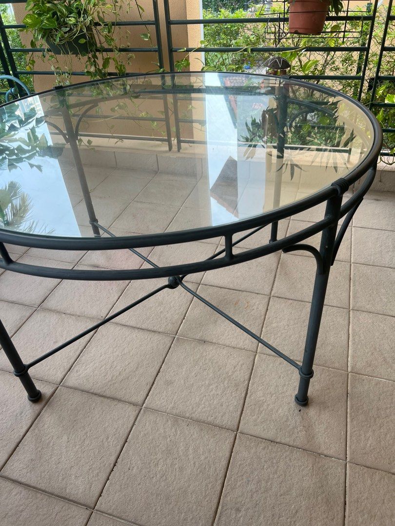 Round outdoor glass table, Furniture & Home Living, Outdoor Furniture ...