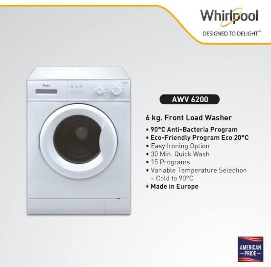 WHIRLPOOL 6KG FRONT LOAD WASHER AWV6200, TV & Home Appliances, Washing ...