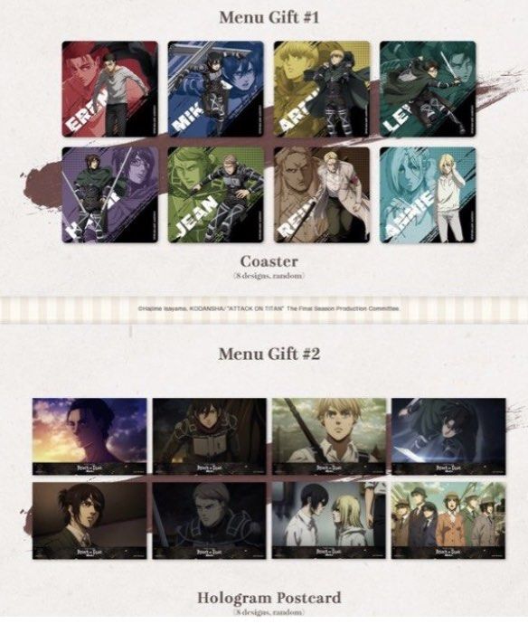 Attack on Titan x Aniplus cafe collab menu benefit postcard coaster ...