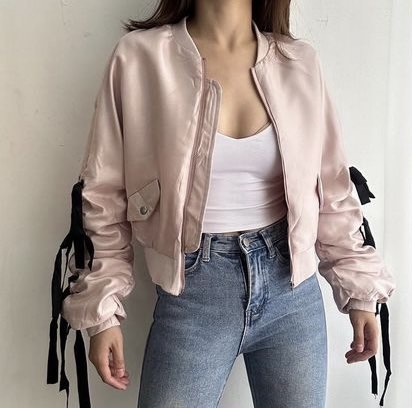 Baby pink pastel pink silk bomber jacket with black ribbons, Women's ...